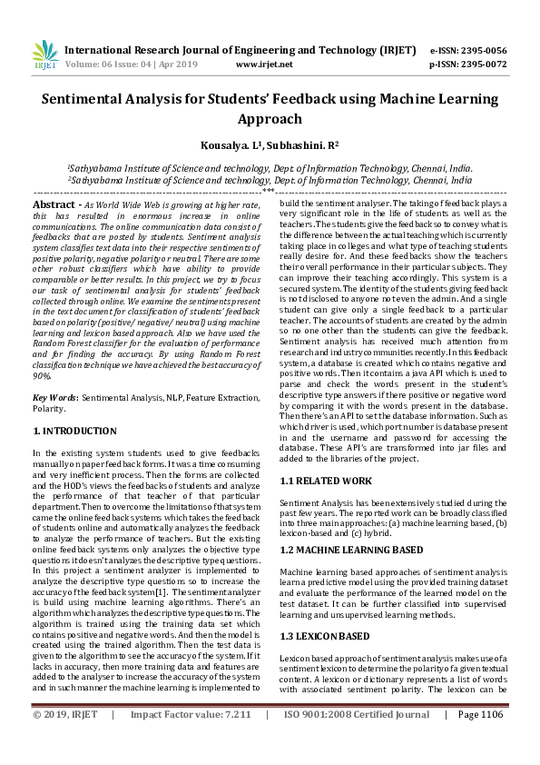 (PDF) IRJET- Sentimental Analysis for Students' Feedback using Machine Learning Approach