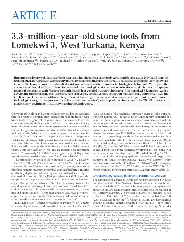 (PDF) 3.3-million-year-old stone tools from Lomekwi 3, West Turkana, Kenya