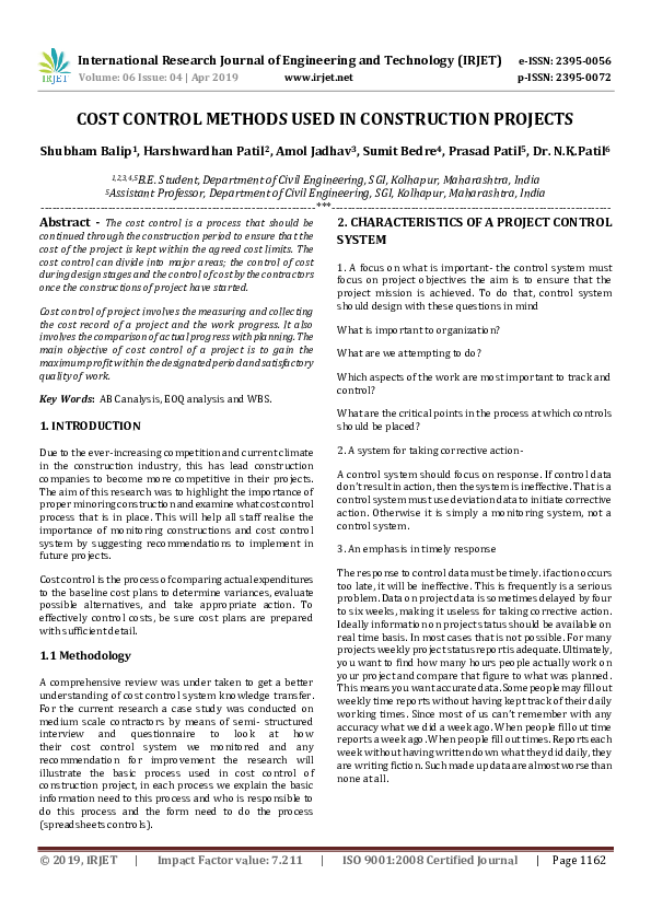 Pdf Irjet Cost Control Methods Used In Construction Projects