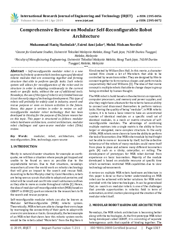 (PDF) IRJET- Comprehensive Review on Modular Self-Reconfigurable Robot Architecture