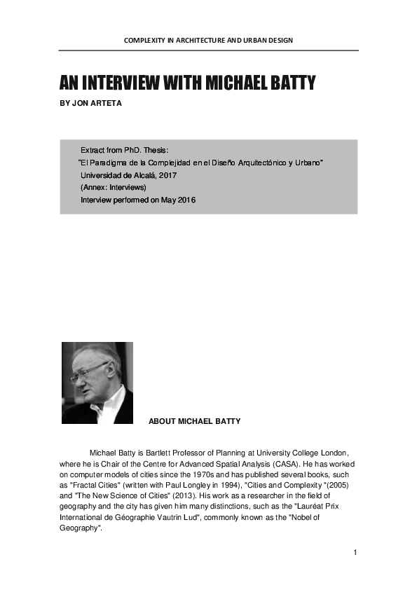 (PDF) AN INTERVIEW WITH MICHAEL BATTY. Reflections on complexity in ...