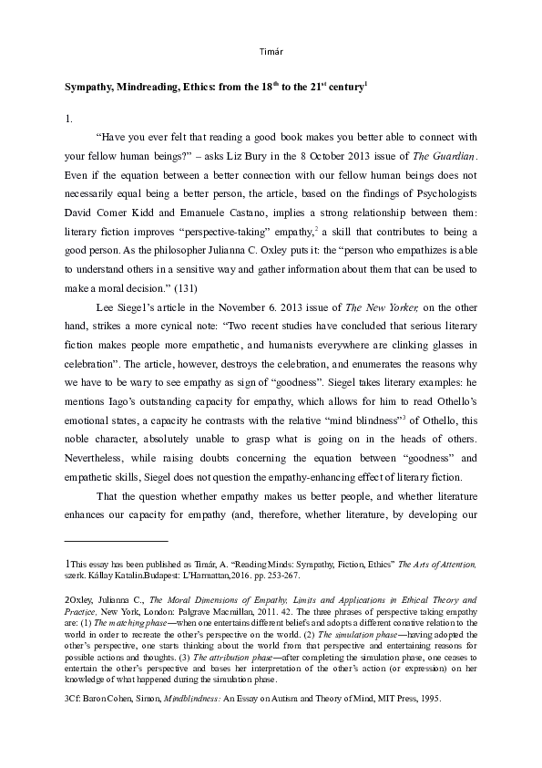 (DOC) "Reading Minds: Sympathy, Fiction, Ethics" in: The Arts of ...