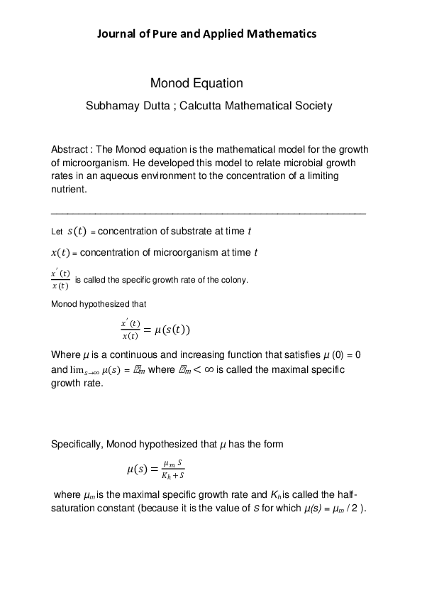 (PDF) Journal of Pure and Applied Mathematics Monod Equation