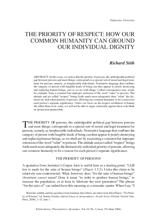 (PDF) The Priority of Respect: How Our Common Humanity Can Ground Our ...