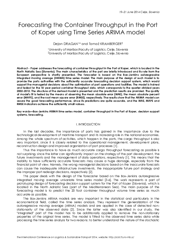 Pdf Forecasting The Container Throughput In The Port Of Koper Using Time Series Arima Model