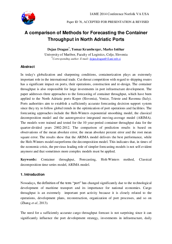 (PDF) A comparison of Methods for Forecasting the Container Throughput in North Adriatic Ports