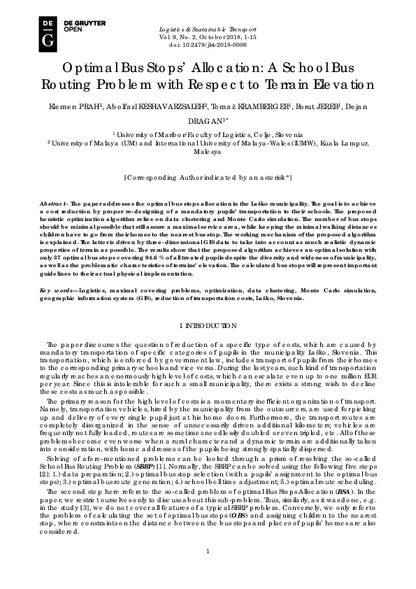 Pdf Optimal Bus Stops Allocation A School Bus Routing Problem With Respect To Terrain Elevation