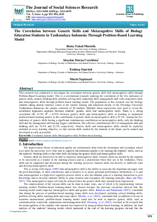 Pdf The Correlation Between Generic Skills And Metacognitive Skills