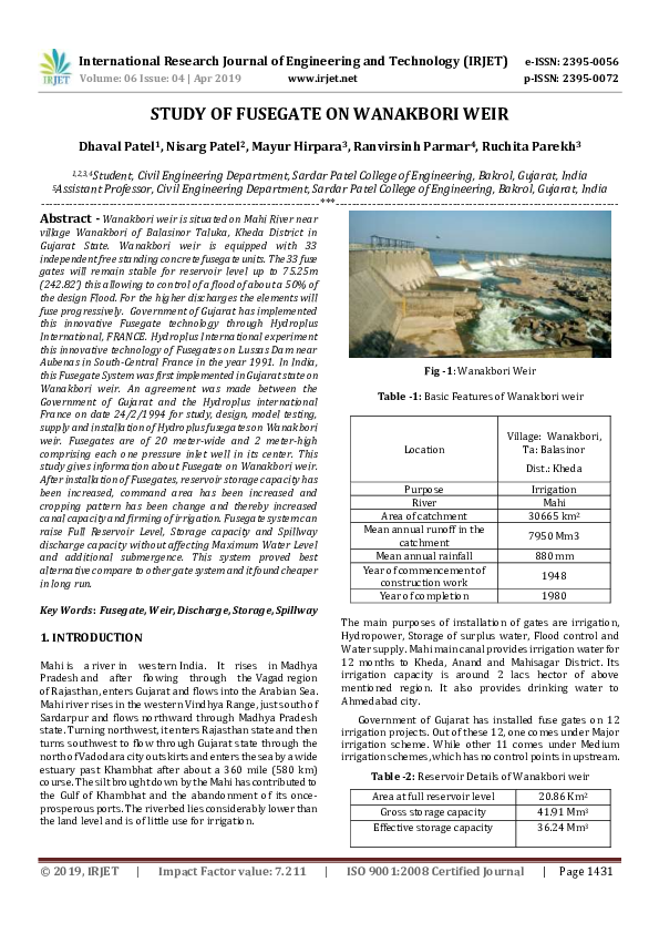 (PDF) IRJET- STUDY OF FUSEGATE ON WANAKBORI WEIR
