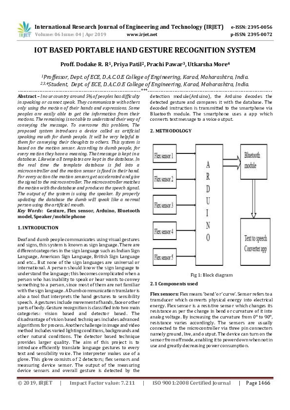 (PDF) IRJET- IOT BASED PORTABLE HAND GESTURE RECOGNITION SYSTEM | IRJET Journal - Academia.edu