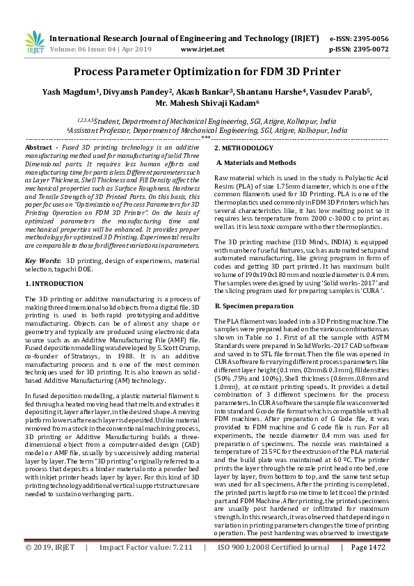 (PDF) IRJET- Process Parameter Optimization for FDM 3D Printer