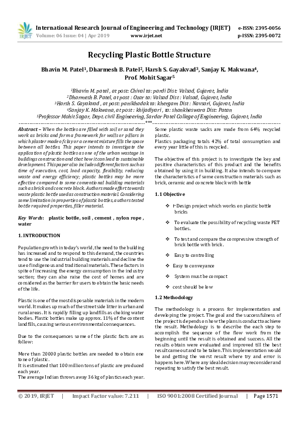 (PDF) IRJET- Recycling Plastic Bottle Structure