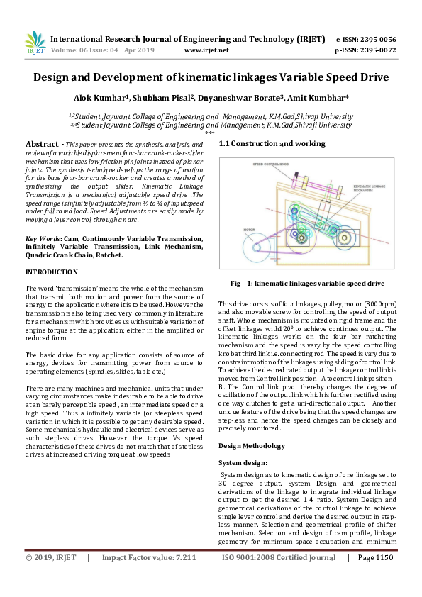 Pdf Design And Development Of Kinematic Linkages Variable Speed Drive