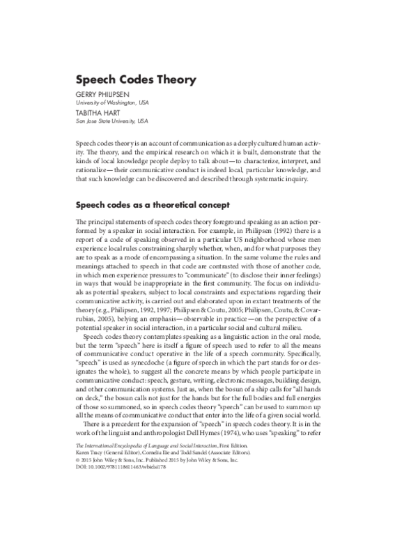 (PDF) Speech codes theory (entry in The International Encyclopedia of ...