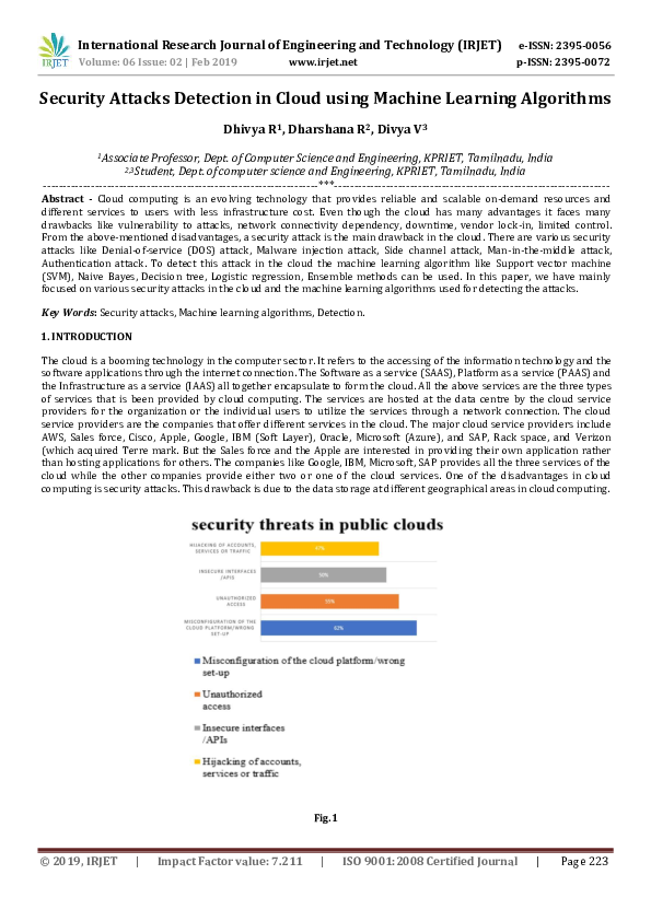 Pdf Security Attacks Detection In Cloud Using Machine Learning Algorithms