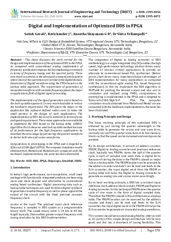 (PDF) IRJET- Digital and Implementation of Optimized DDS in FPGA