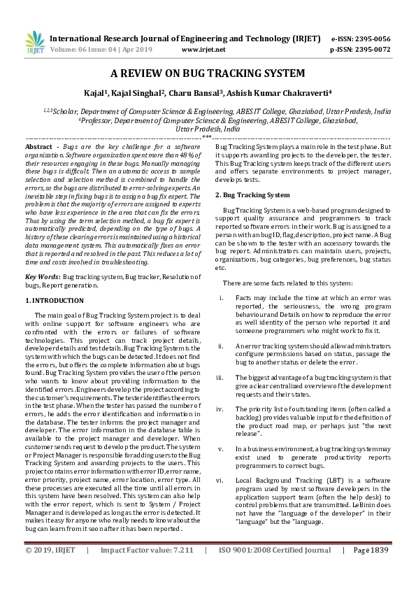 (PDF) IRJET- A REVIEW ON BUG TRACKING SYSTEM