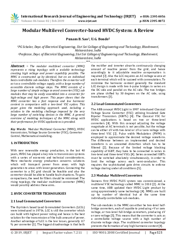 (PDF) IRJET- Modular Multilevel Converter-based HVDC System: A Review