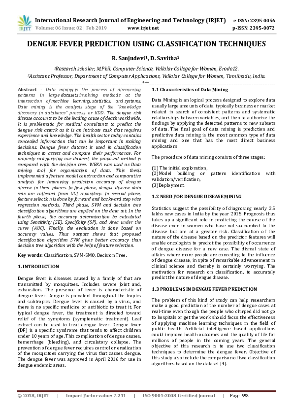 (PDF) IRJET- DENGUE FEVER PREDICTION USING CLASSIFICATION TECHNIQUES