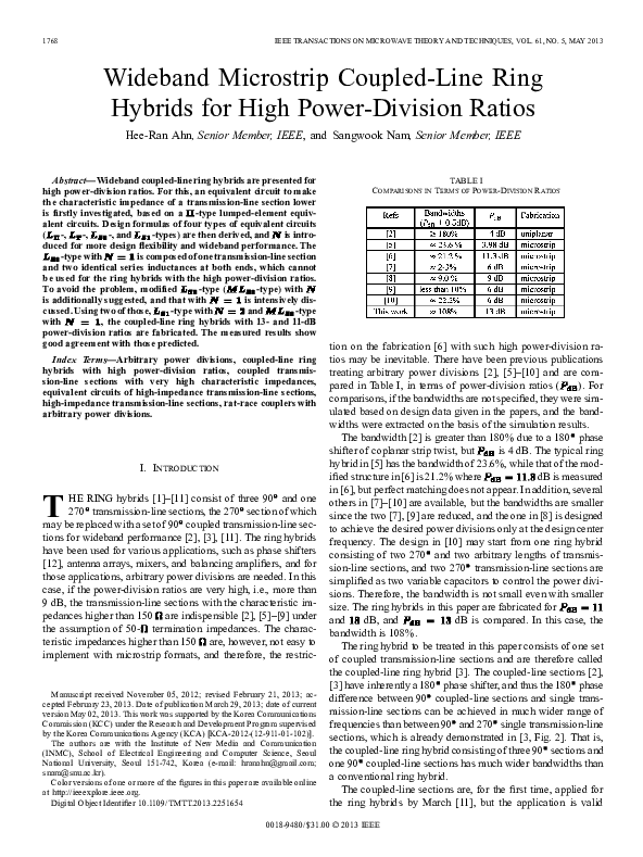 (PDF) Wideband Microstrip Coupled-Line Ring Hybrids for High Power-Division Ratios | Hee-Ran Ahn ...