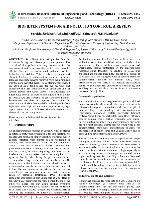 (PDF) IRJET- BIOFILTER SYSTEM FOR AIR POLLUTION CONTROL: A REVIEW
