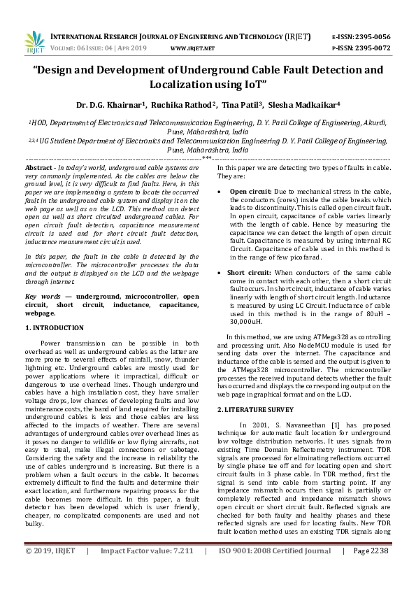 Pdf Irjet Design And Development Of Underground Cable Fault Detection And Localization Using Iot