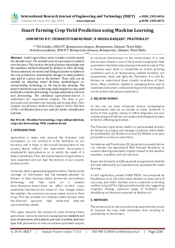 Pdf Irjet Smart Farming Crop Yield Prediction Using Machine Learning