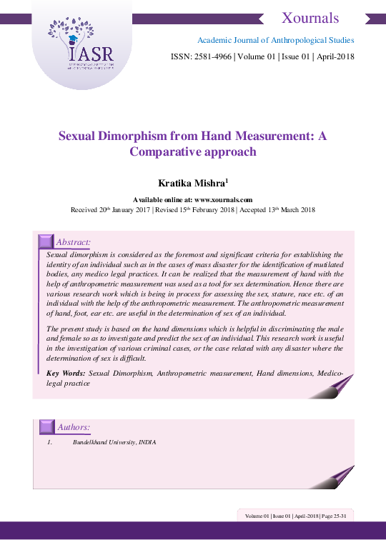 (PDF) Sexual Dimorphism from Hand Measurement: A Comparative approach