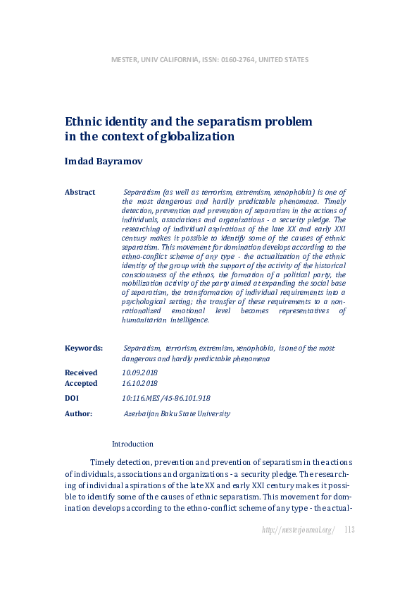 (PDF) Ethnic identity and the separatism problem in the context of ...