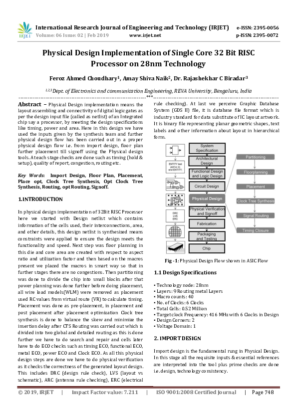 Pdf Irjet Physical Design Implementation Of Single Core 32 Bit Risc