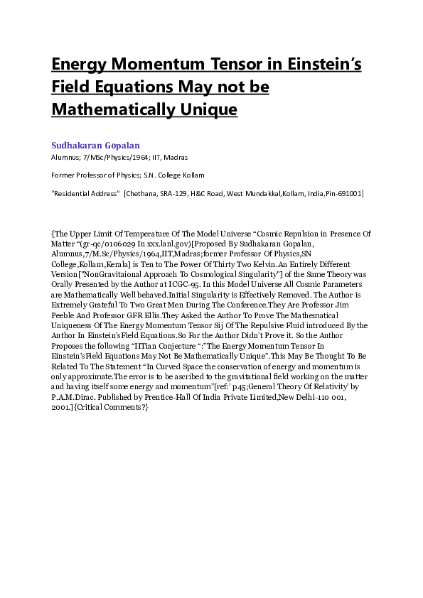(DOC) Energy Momentum Tensor in Einstein's Field Equations May not be Mathematically Unique