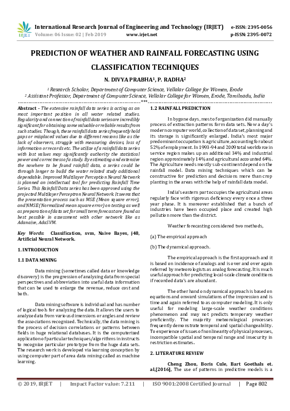 (PDF) IRJET- PREDICTION OF WEATHER AND RAINFALL FORECASTING USING ...