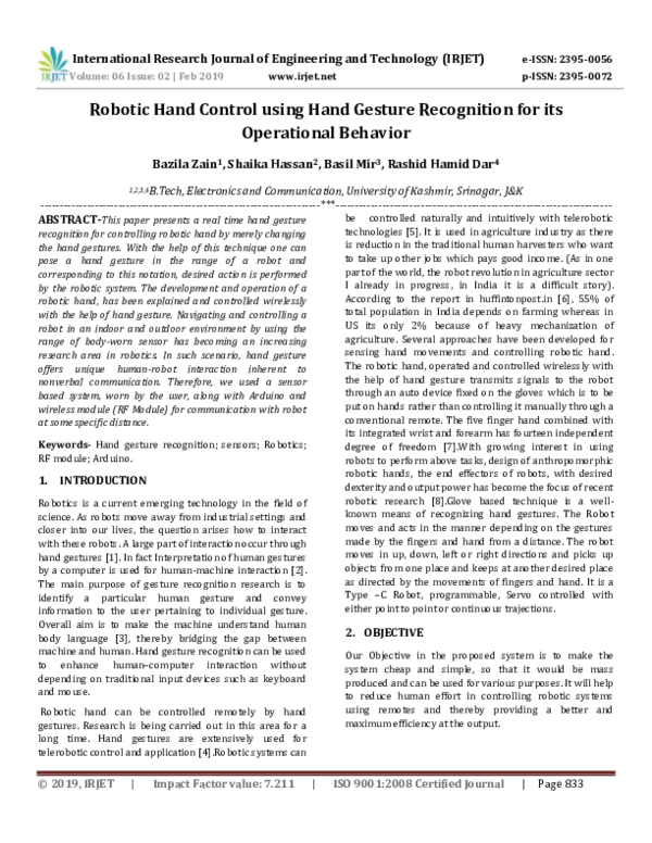 (PDF) IRJET- Robotic Hand Control using Hand Gesture Recognition for its Operational Behavior