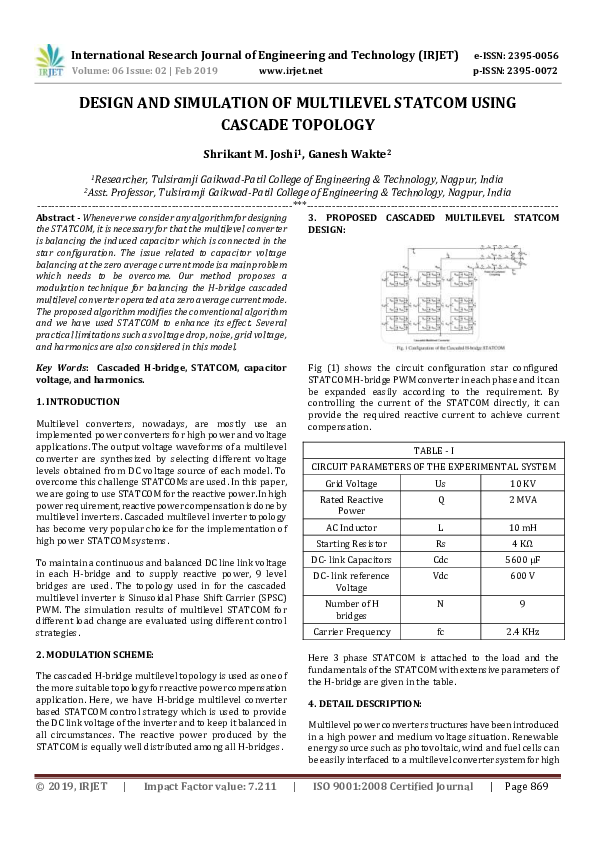 Pdf Irjet Design And Simulation Of Multilevel Statcom Using Cascade