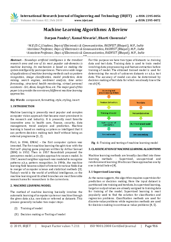 Pdf Irjet Machine Learning Algorithms A Review
