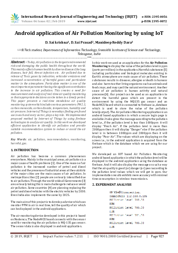 (PDF) IRJET- Android application of Air Pollution Monitoring by using IoT