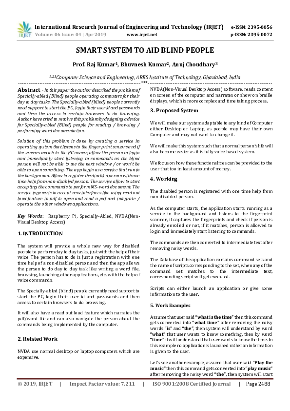 (PDF) IRJET- SMART SYSTEM TO AID BLIND PEOPLE