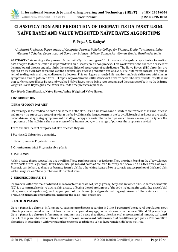 (PDF) CLASSIFICATION AND PREDICTION OF DERMATITIS DATASET USING NAÏVE ...