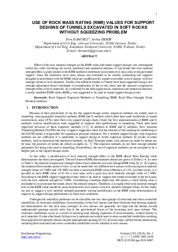 (PDF) Use of Rock Mass Rating (RMR) Values for Support Designs of Tunnels Excavated in Soft ...