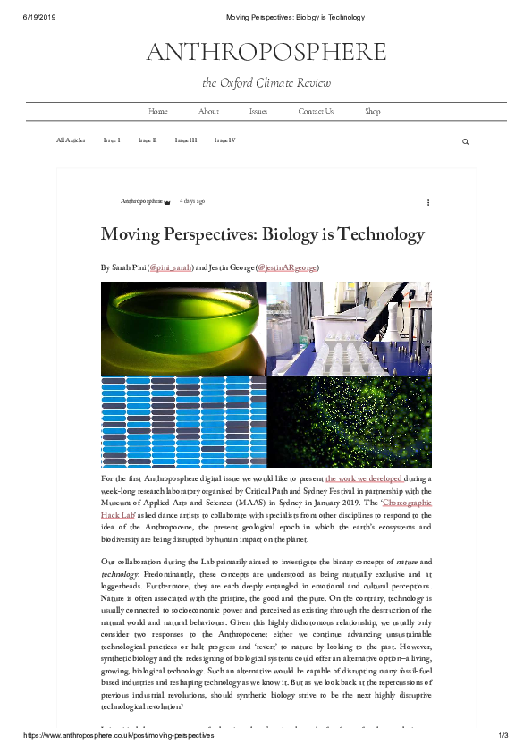 Moving Perspectives: Biology is Technology