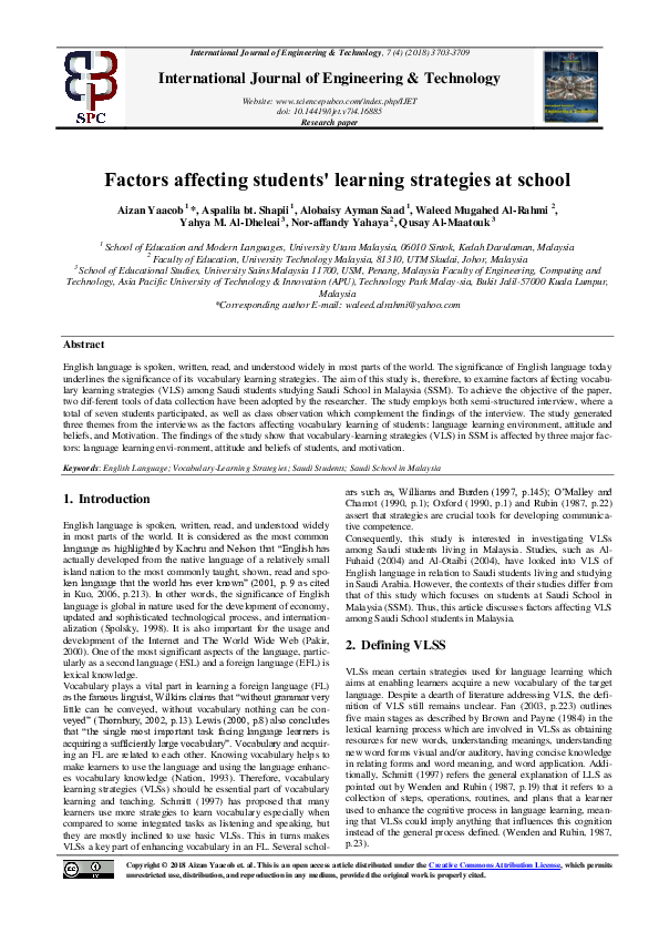 (PDF) Factors affecting students' learning strategies at school