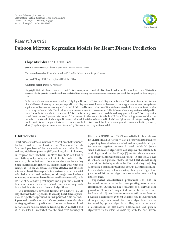 Pdf Poisson Mixture Regression Models For Heart Disease Prediction