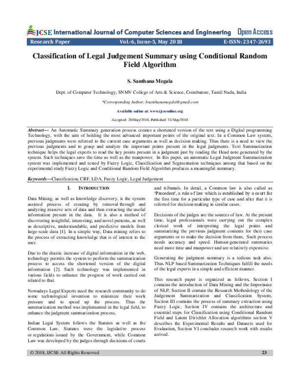 Pdf Classification Of Legal Judgement Summary Using Conditional Random Field Algorithm