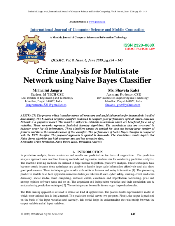 Pdf Crime Analysis For Multistate Network Using Naive Bayes Classifier