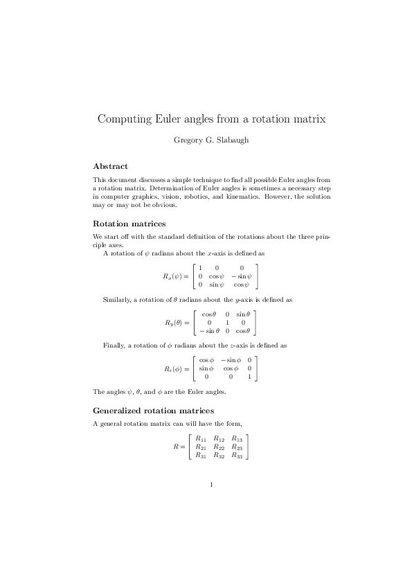 Pdf Computing Euler Angles From A Rotation Matrix