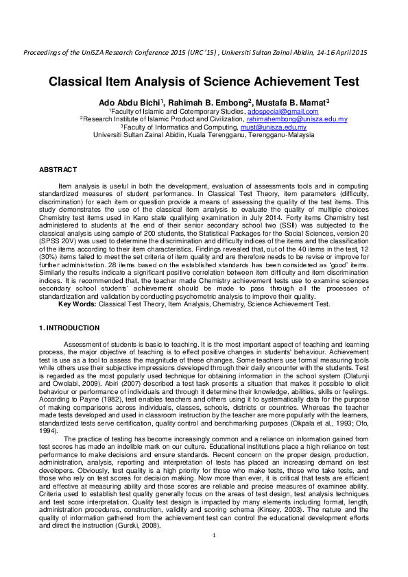 (PDF) Classical Item Analysis of Science Achievement Test