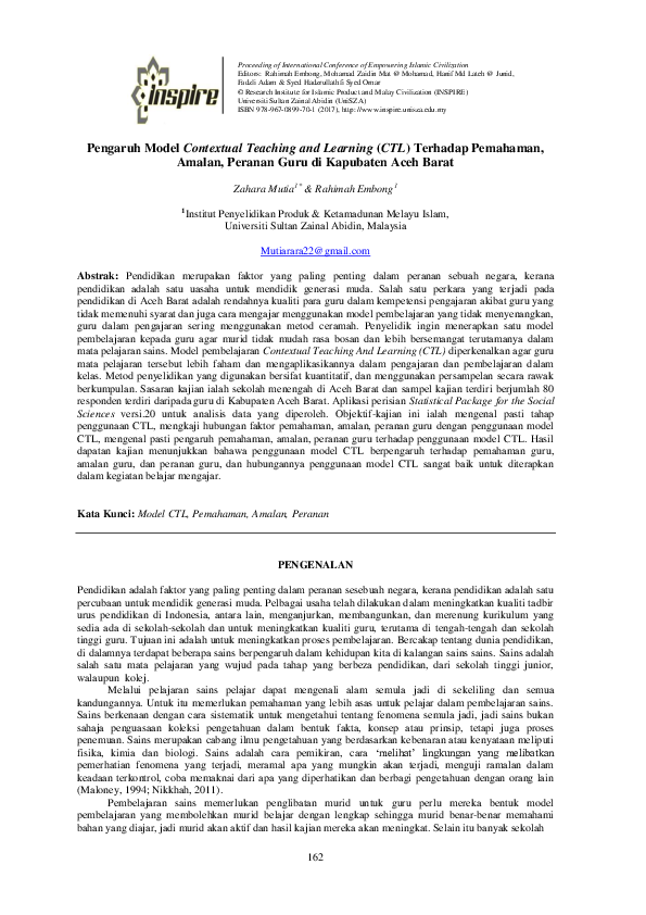 (PDF) Pengaruh Model Contextual Teaching and Learning (CTL) Terhadap Pemahaman, Amalan, Peranan ...