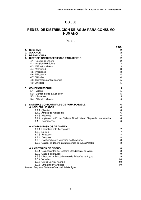 (PDF) OS.050 REDES DE DISTRIBUCIÓN DE AGUA PARA CONSUMO HUMANO ÍNDICE