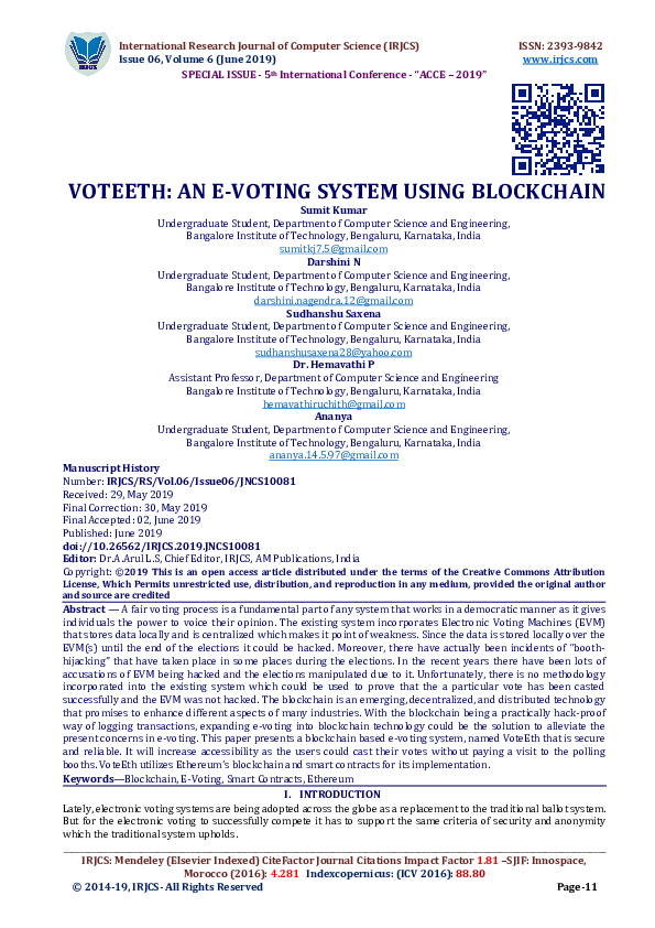 (PDF) VOTEETH: AN E-VOTING SYSTEM USING BLOCKCHAIN