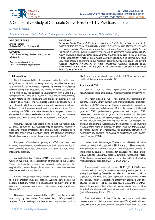(PDF) A Comparative Study of Corporate Social Responsibility Practices in India
